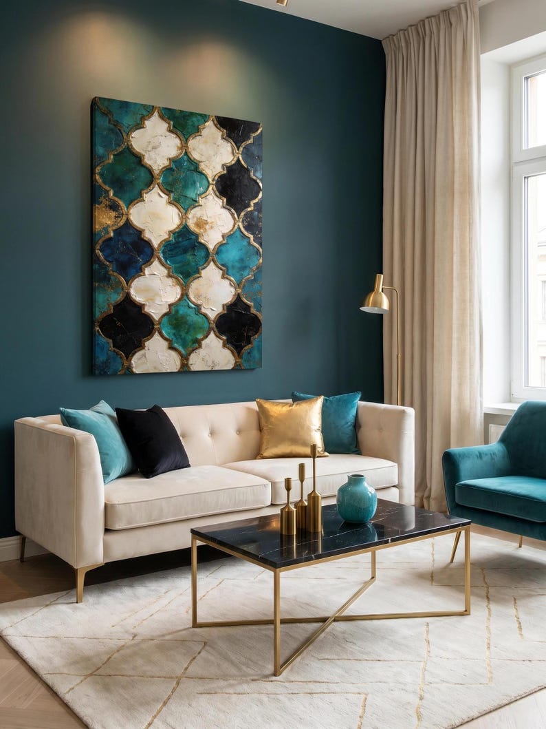 Moroccan Tile Wall Art Printable 01, Teal Gold Geometric Digital ...