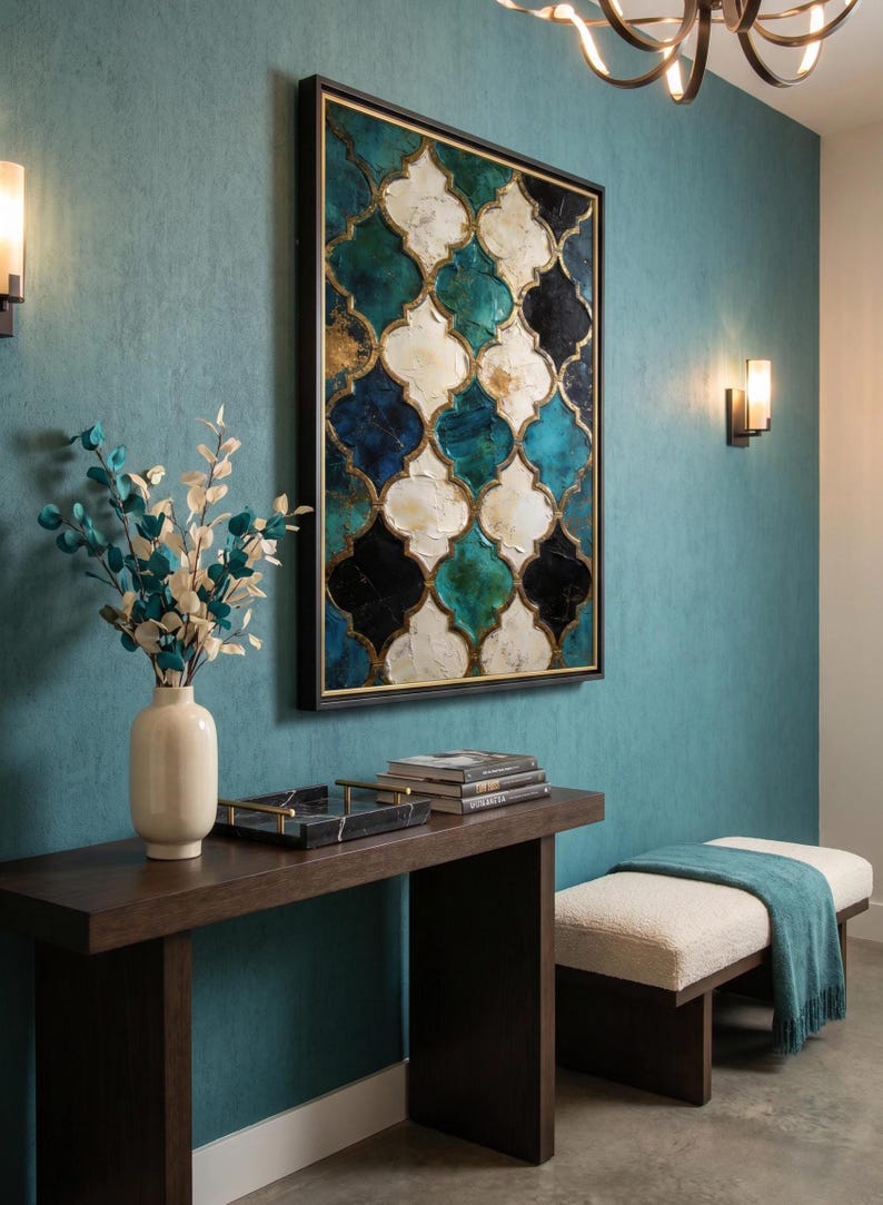Moroccan Tile Wall Art Printable 01, Teal Gold Geometric Digital ...