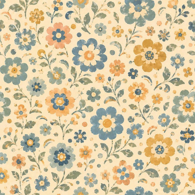 Retro Blue Floral Wallpaper: Groovy Vintage Wall Mural - Etsy Canada