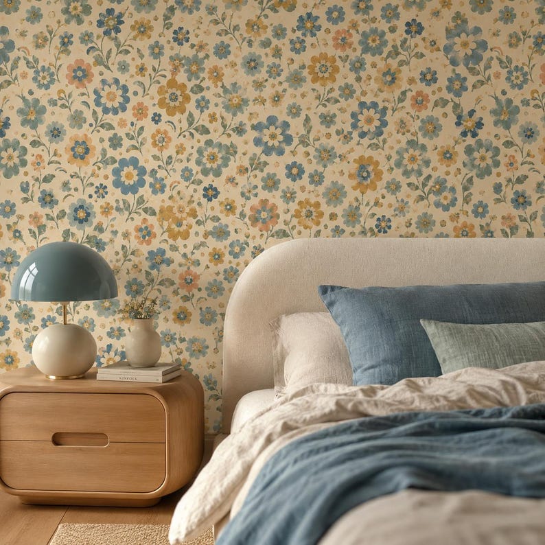 Retro Blue Floral Wallpaper: Groovy Vintage Wall Mural - Etsy Canada