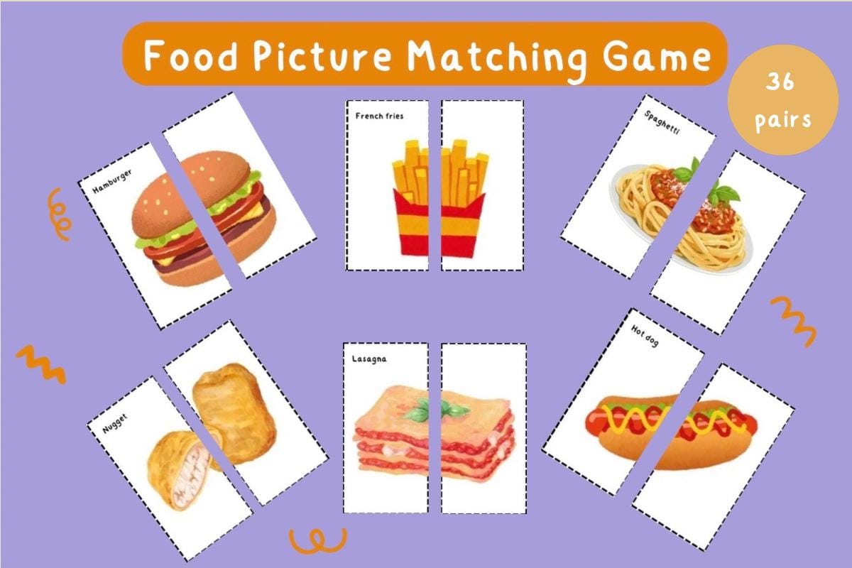 Food Picture Matching Game, 36 Cards, Early Learning, Memory ...