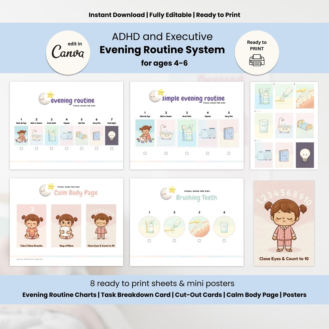 ADHD Bedtime Routine System for Kids | Executive Visual Schedule & Calm ...