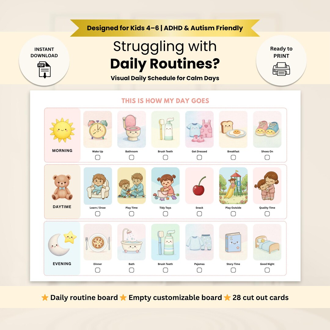 Daily Routine Chart for Kids 4-6 | ADHD Visual Schedule Printable ...