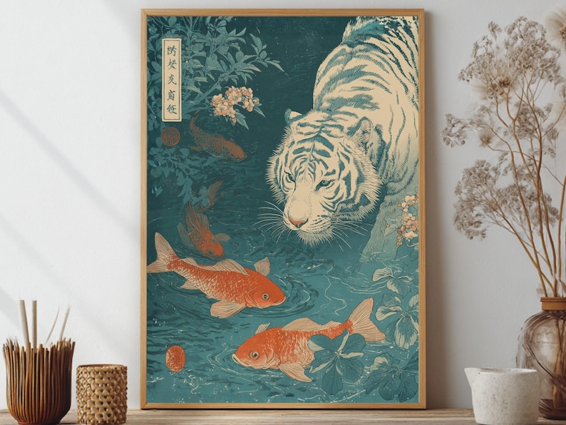 Japanese Tiger Koi Print, Ukiyo-e Style Wall Art, Vintage Woodblock ...