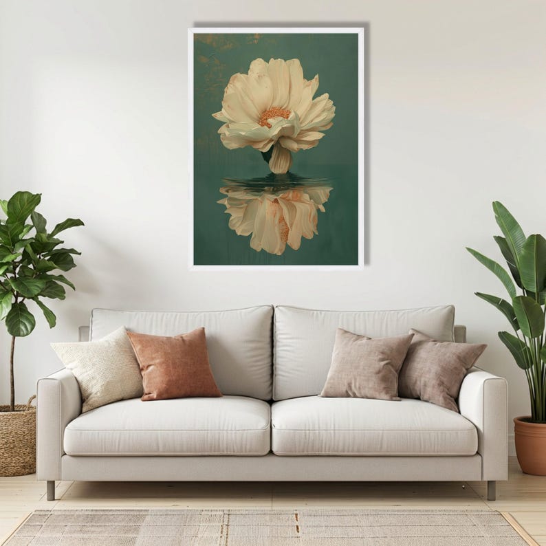 Elegant White Flower Canvas Wall Art With Reflection, Floral Home Decor ...