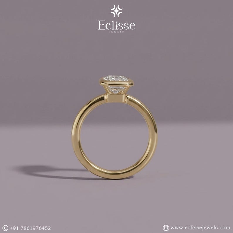 Emerald Cut Diamond Ring, Yellow Gold Bezel Set Solitaire, Modern ...