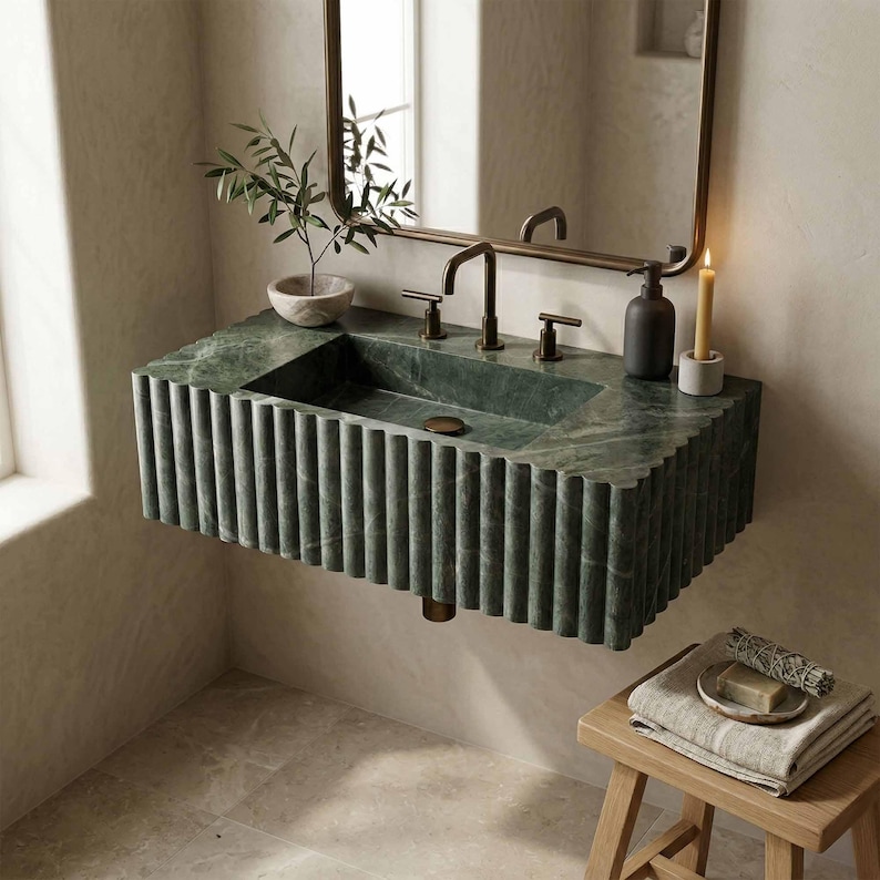 Hand Carved Green Marble Fluted Sink, Integrated Stone Vanity Basin ...