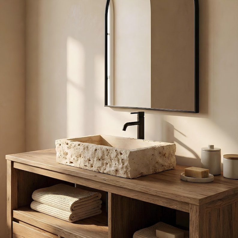 Natural Rustic Marble Vessel Sink, Handcarved Beige Farmhouse Vanity ...