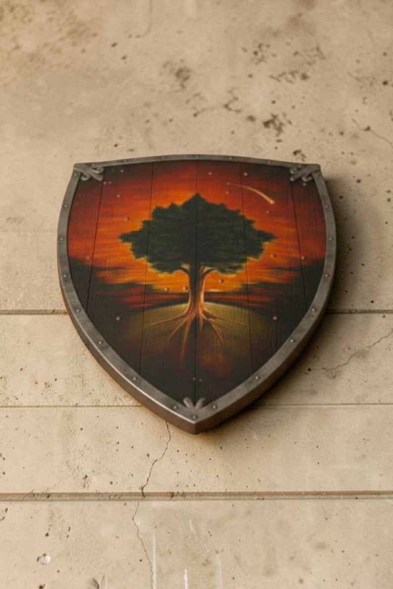 Rustic Wooden Shield With Sunset Tree Painting, Medieval Armor Wall ...