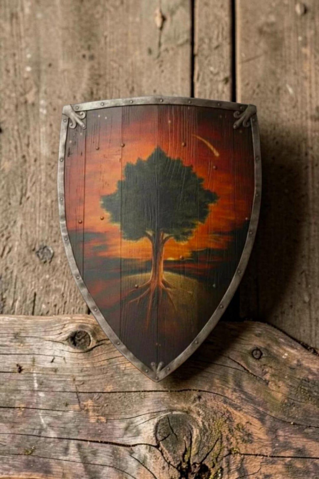 Rustic Wooden Shield With Sunset Tree Painting, Medieval Armor Wall ...