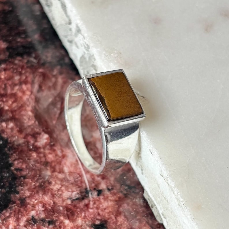 Faceted Tiger Eye Signet Ring, Rectangle Statement Ring, Silver Plated ...
