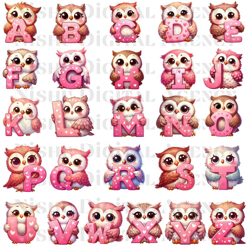 Love Heart Owl Alphabet Numbers PNG | Owl Letters A–Z 0–9 Nursery ...