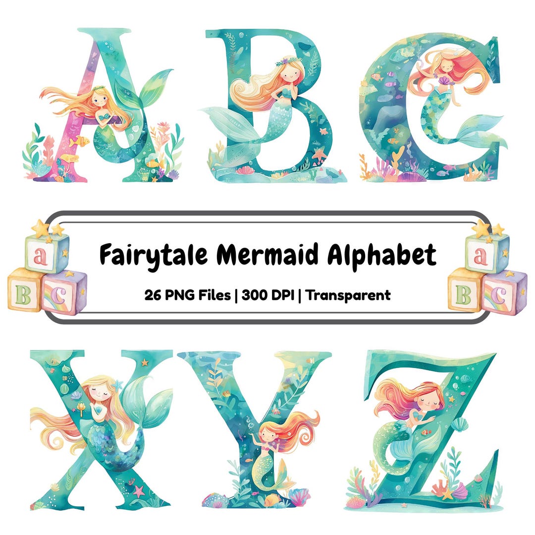 Fairytale Mermaid Alphabet PNG A-Z | Ocean Princess Letters | Kids ...