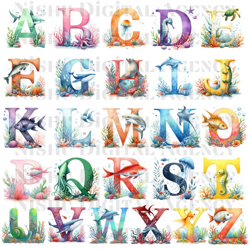 Ocean Alphabet PNG Clipart – Sea Life Letters, Numbers (instant ...