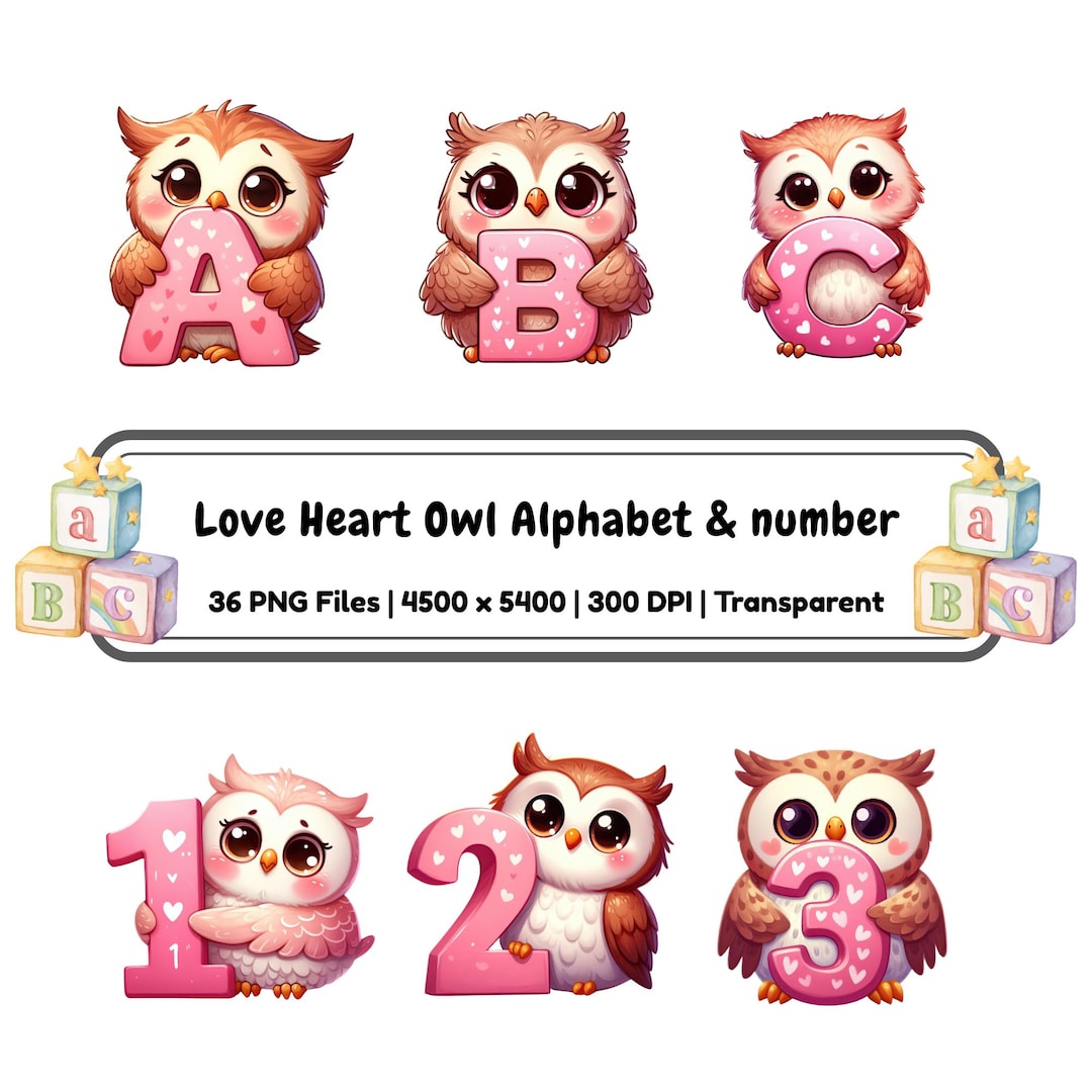 Love Heart Owl Alphabet Numbers PNG | Owl Letters A–Z 0–9 Nursery ...
