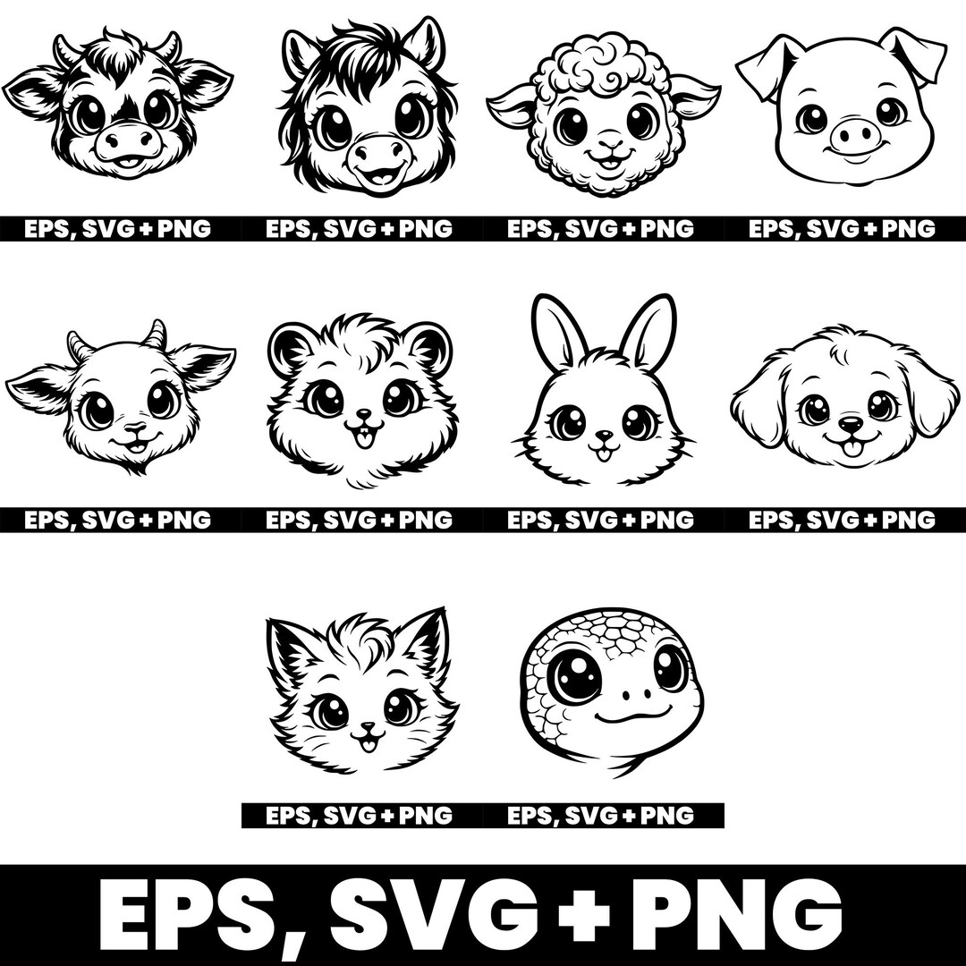 10 X Baby Animals SVG Bundle | Cute Animal Heads Only 10 Designs PNG ...