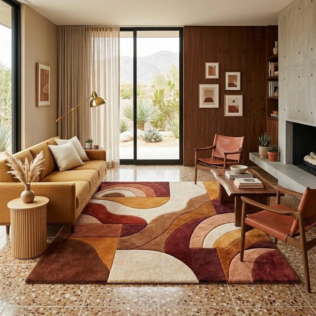 Mid-century Modern Rug • Retro Geometric Orange Olive Abstract Carpet ...