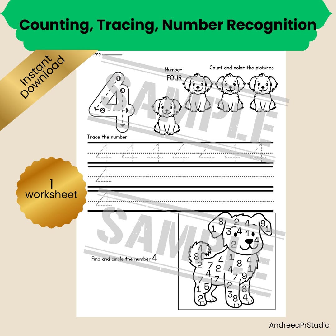 Number 4 Preschool Worksheet, Counting & Tracing Printable, Early Math ...