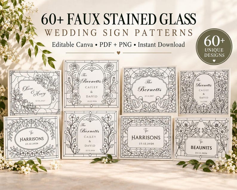 Stained Glass Wedding Sign Patterns Bundle | Faux Stained Glass Wedding ...