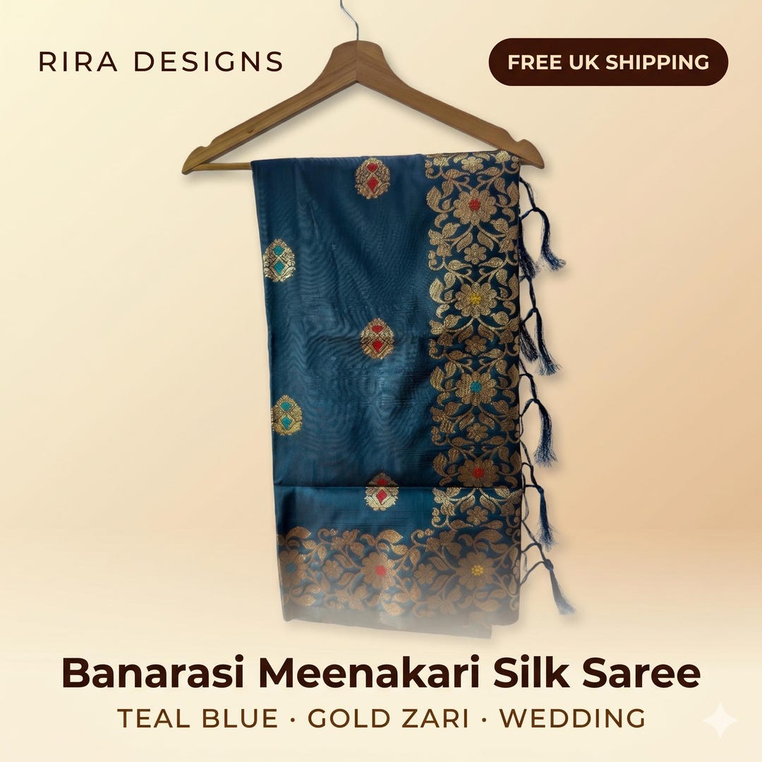 Indian Banarasi Meenakari Silk Saree | Teal Gold Zari | Wedding Sari ...