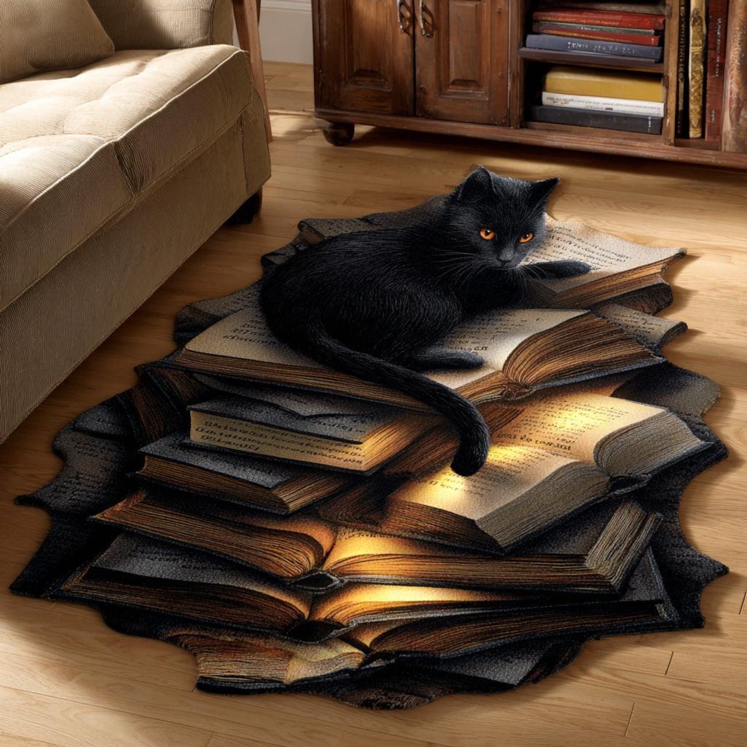 Black Cat Book Rug, Custom Shape Area Rug, Dark Academia Carpet, Gothic ...