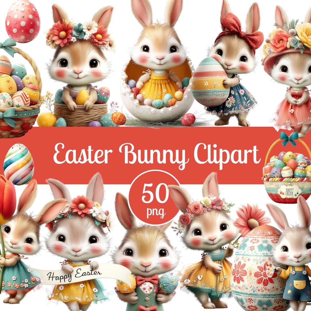 50 Whimsical Easter Bunny Clipart PNG Bundle | Pastel Easter Clipart ...