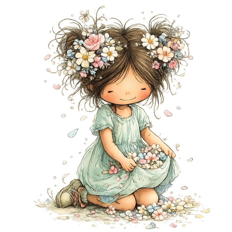 Girl With Flowers Illustration Set Spring Art, 17 PNG - Etsy UK