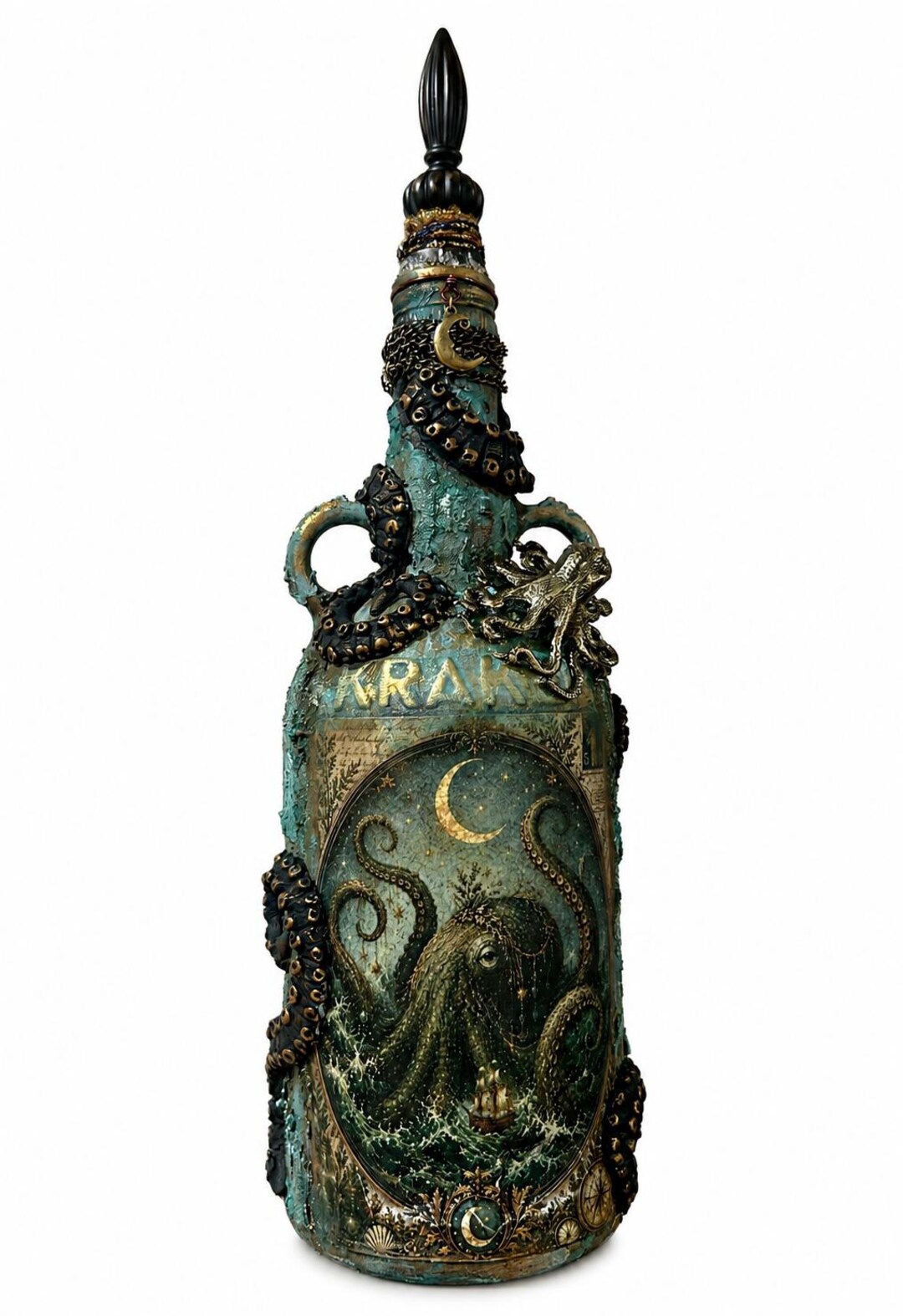 Kraken Relic Bottle | Nautical Fantasy Mixed Media Art, Verdigris ...