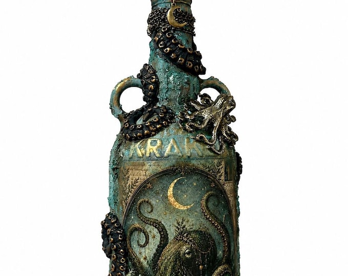 Kraken Relic Bottle | Nautical Fantasy Mixed Media Art, Verdigris ...