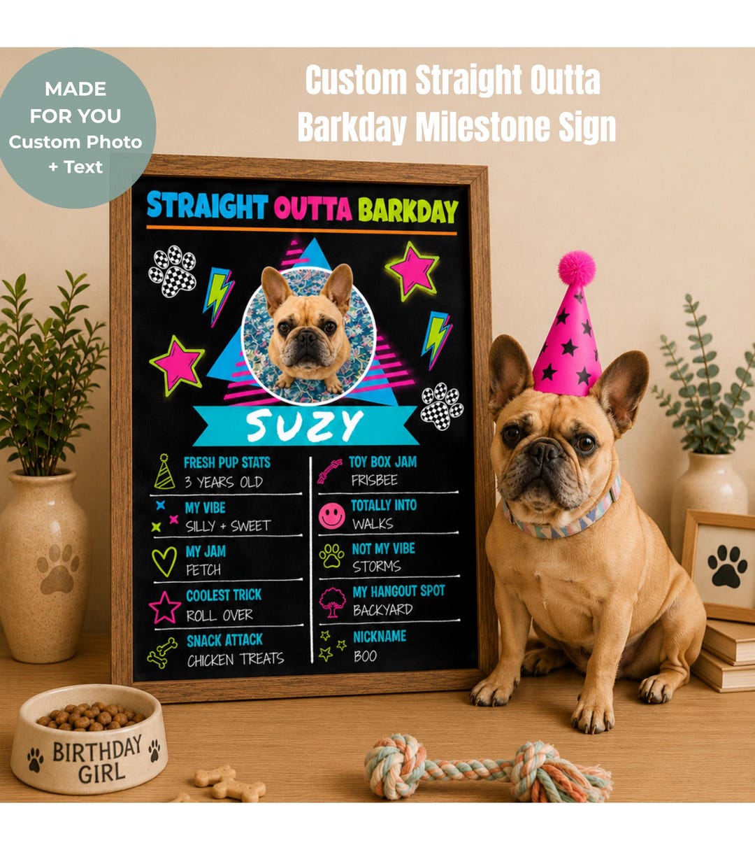 Custom Pet Photo Milestone Sign | 90s Dog Birthday Board (digital ...