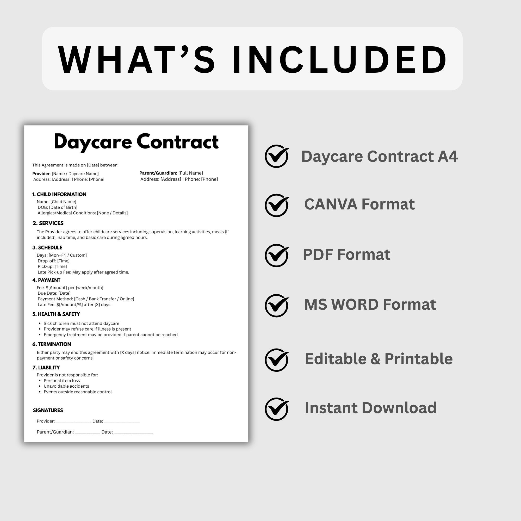 Editable Daycare Contract Template, Single Page Daycare Form, Printable ...