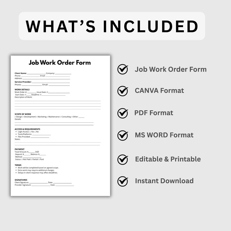 Editable Job Work Order Form, Business Job Work Order Template, Job ...