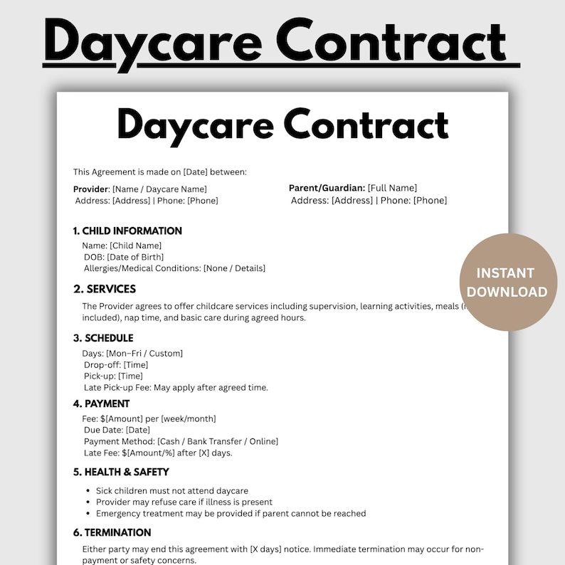 Editable Daycare Contract Template, Single Page Daycare Form, Printable ...