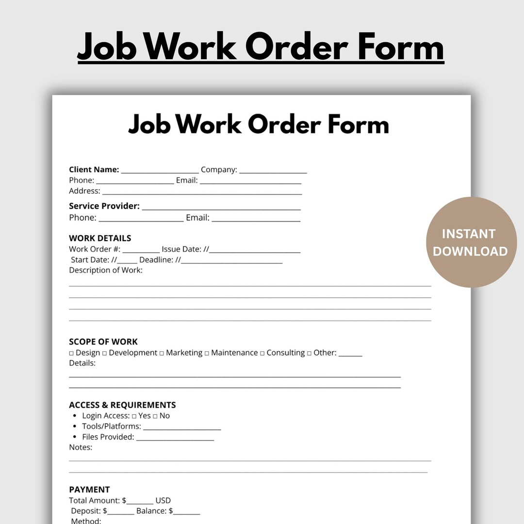 Editable Job Work Order Form, Business Job Work Order Template, Job ...