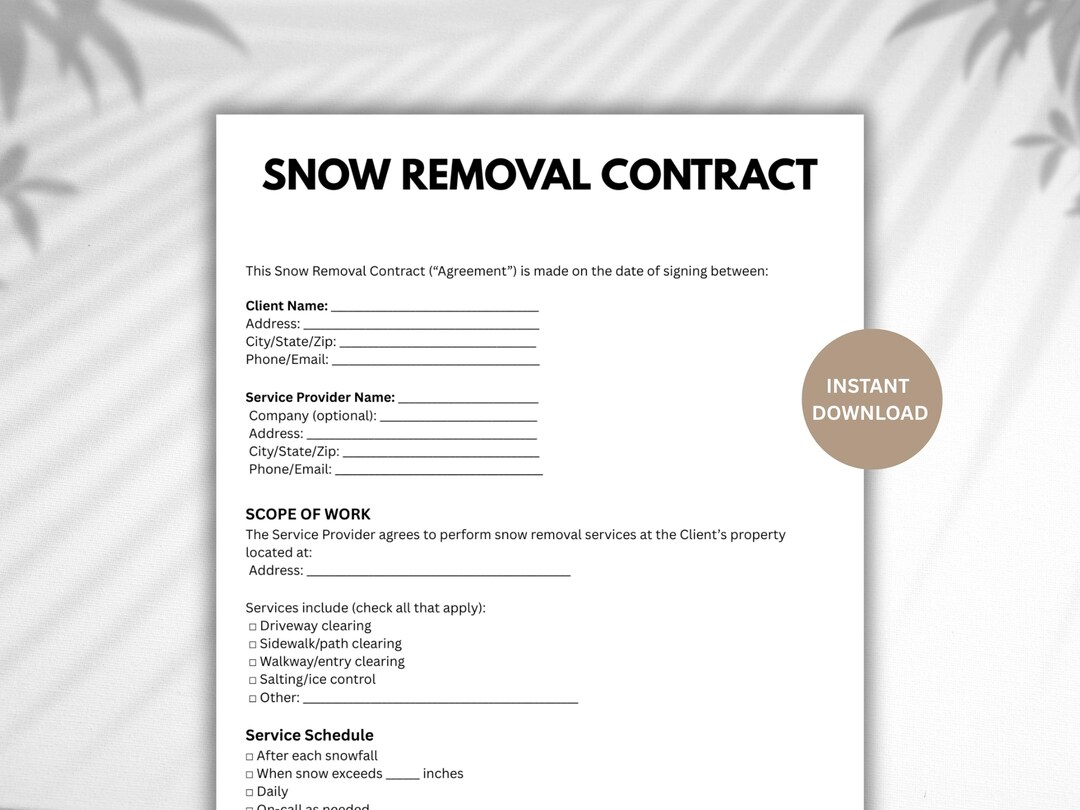 Editable Snow Removal Contract Template, Two Pages Residential Snow ...