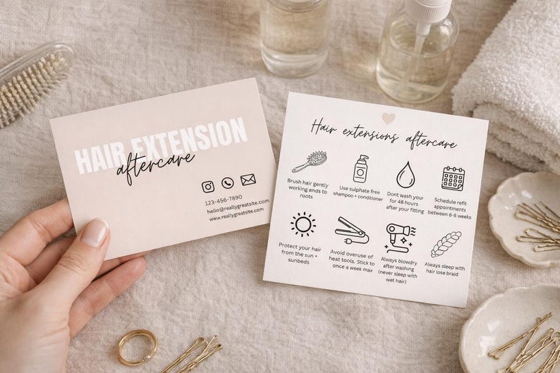 Editable and Printable Hair Extensions Aftercare Card Template (front ...