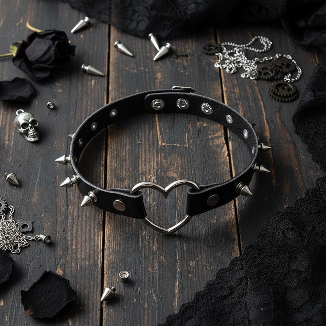 Heart O-ring Choker | Black Spiked Leather Necklace | Gothic Punk ...
