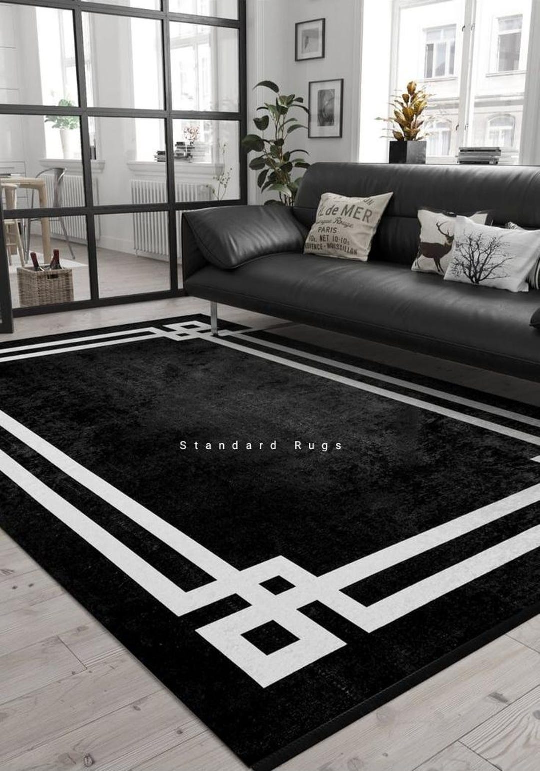 Hand Tufted Black White Geometric Area Rug – Modern Abstract Border ...
