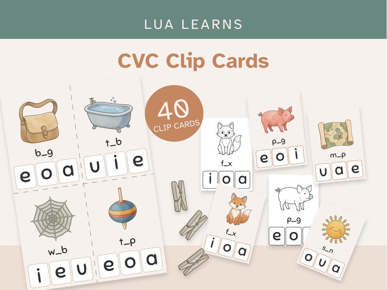 CVC Words Clip Cards | Short Vowel Phonics Activity | Fine Motor ...