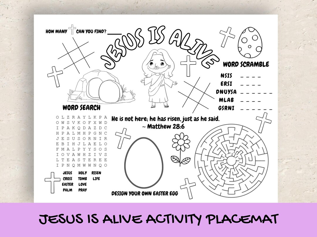 Jesus is Alive Easter Activity Placemat, Christian Easter Coloring Page ...