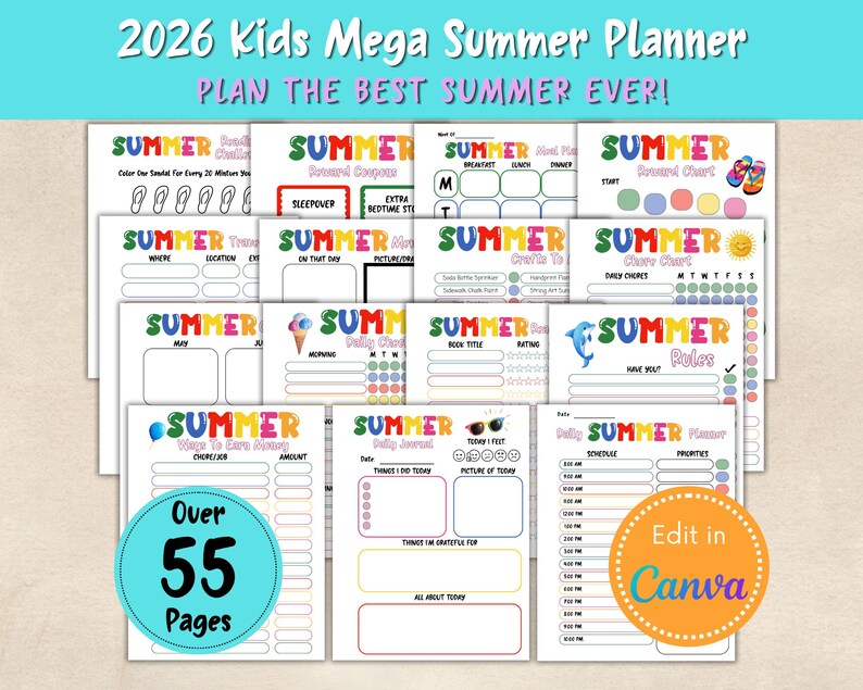 Summer Planner for Kids and Families 2026 | Editable Canva Planner ...