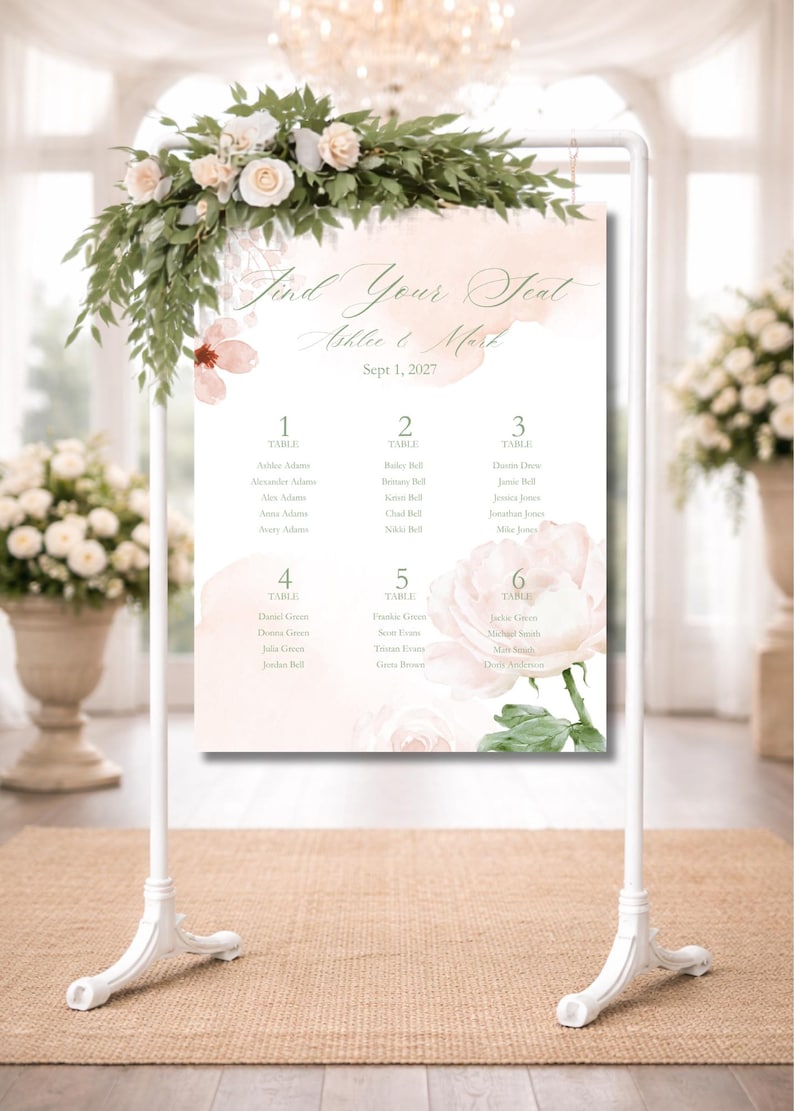 Blush Floral Wedding Seating Chart, Romantic Garden Style, Editable ...