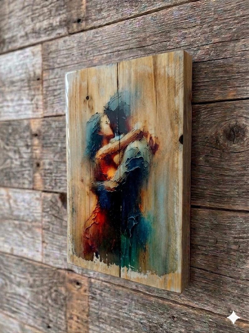 Romantic Impressionist Couple Wood Painting, Textured Silhouette Wall ...