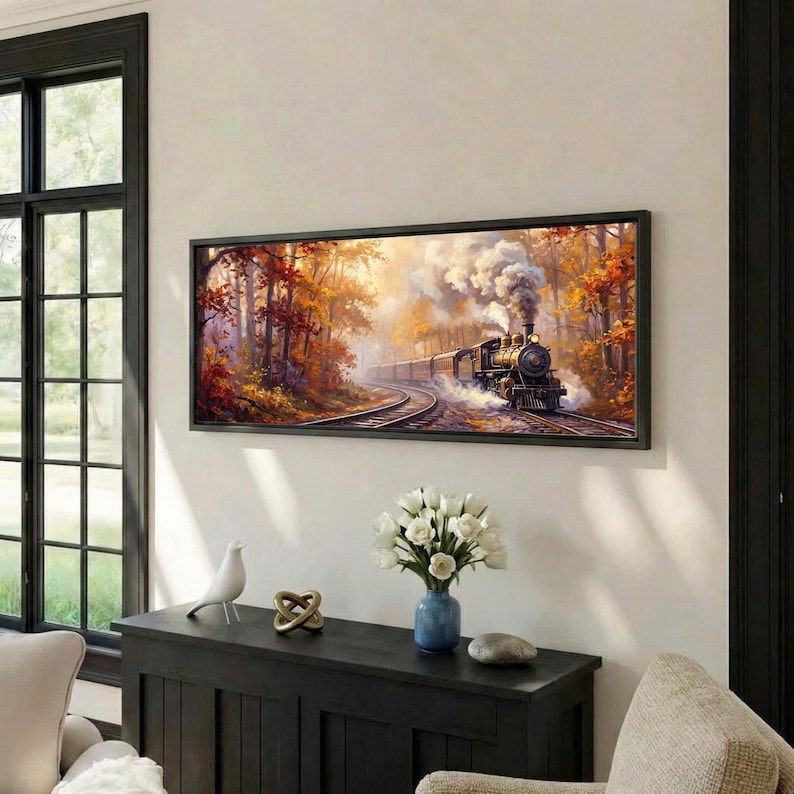 Steam Train Canvas Wall Art, Autumn Forest Panoramic Landscape, Rustic ...