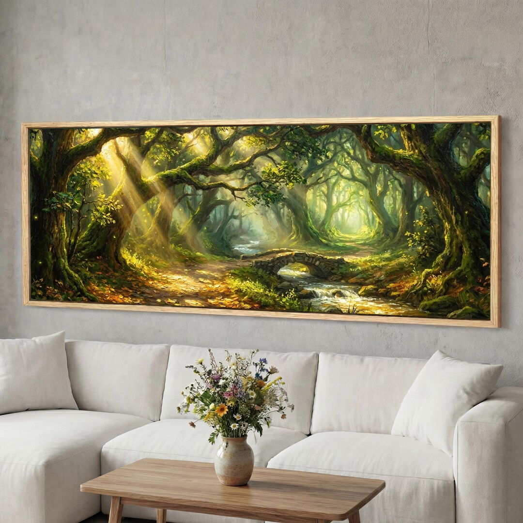 Sunbeam Forest Canvas Wall Art, Tree Tunnel Landscape With Stone Bridge ...