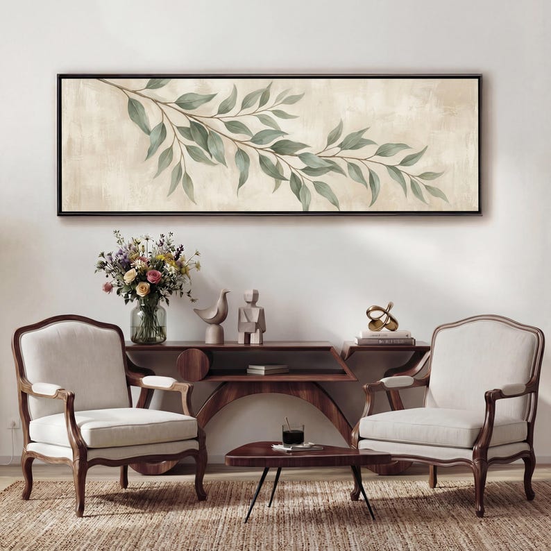 Sage Green Leafy Branch Panoramic Canvas Wall Art, Extra Long Slim ...