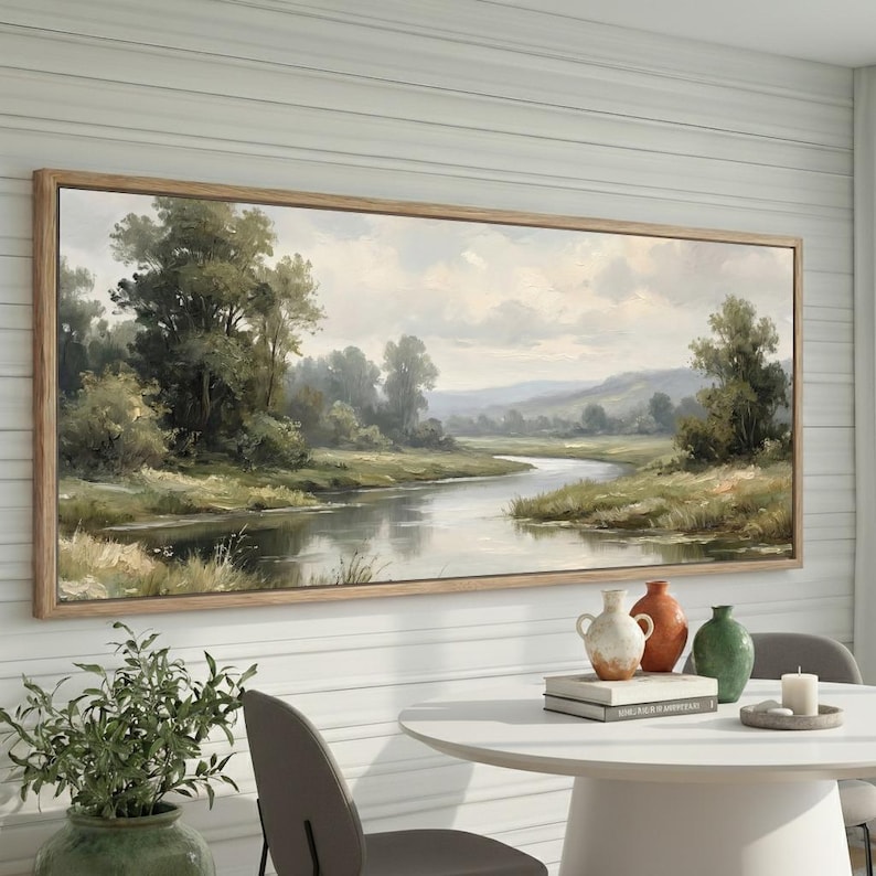 Neutral River Canvas Wall Art, Misty Forest Landscape, Panoramic Wide ...