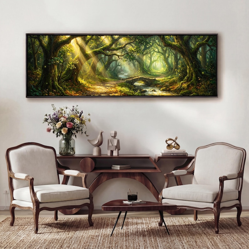 Sunbeam Forest Canvas Wall Art, Tree Tunnel Landscape With Stone Bridge ...