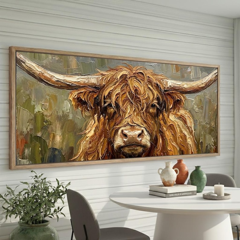 Shaggy Highland Cow Canvas, Cow Portrait Canvas Wall Art, Rustic Cow ...