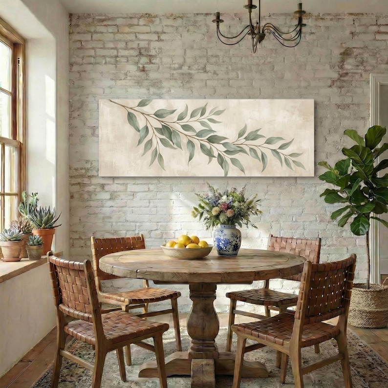 Sage Green Leafy Branch Panoramic Canvas Wall Art, Extra Long Slim ...